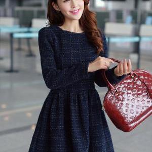 Women O-neck Long Sleeve A-line Woolen Casual Dress Autumn Winter Dress ...