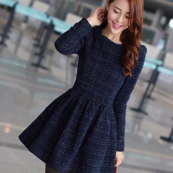 Women O-neck Long Sleeve A-line Woolen Casual Dress Autumn Winter Dress ...