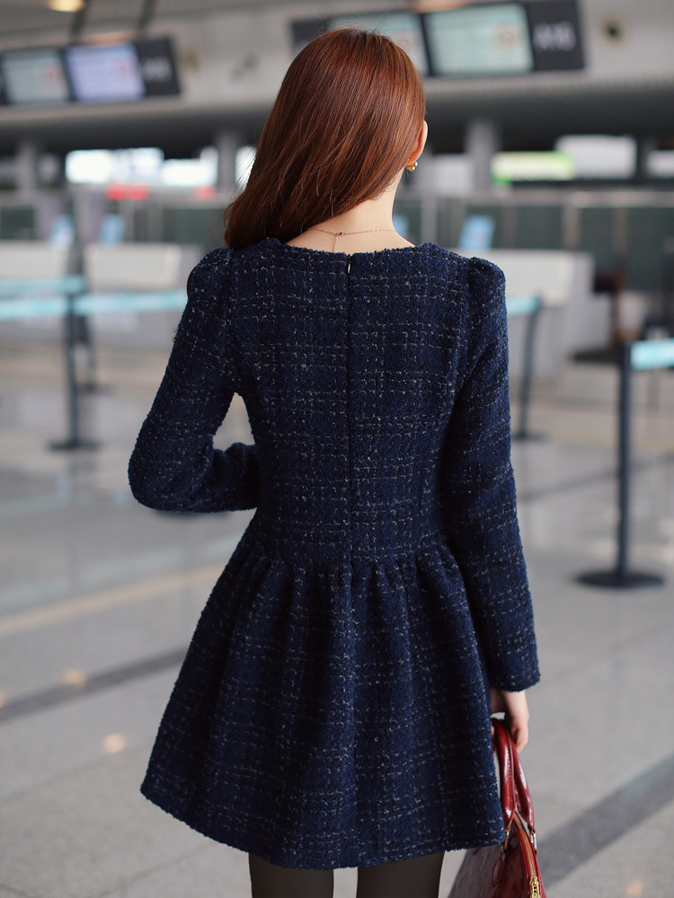 Women O-neck Long Sleeve A-line Woolen Casual Dress Autumn Winter Dress ...