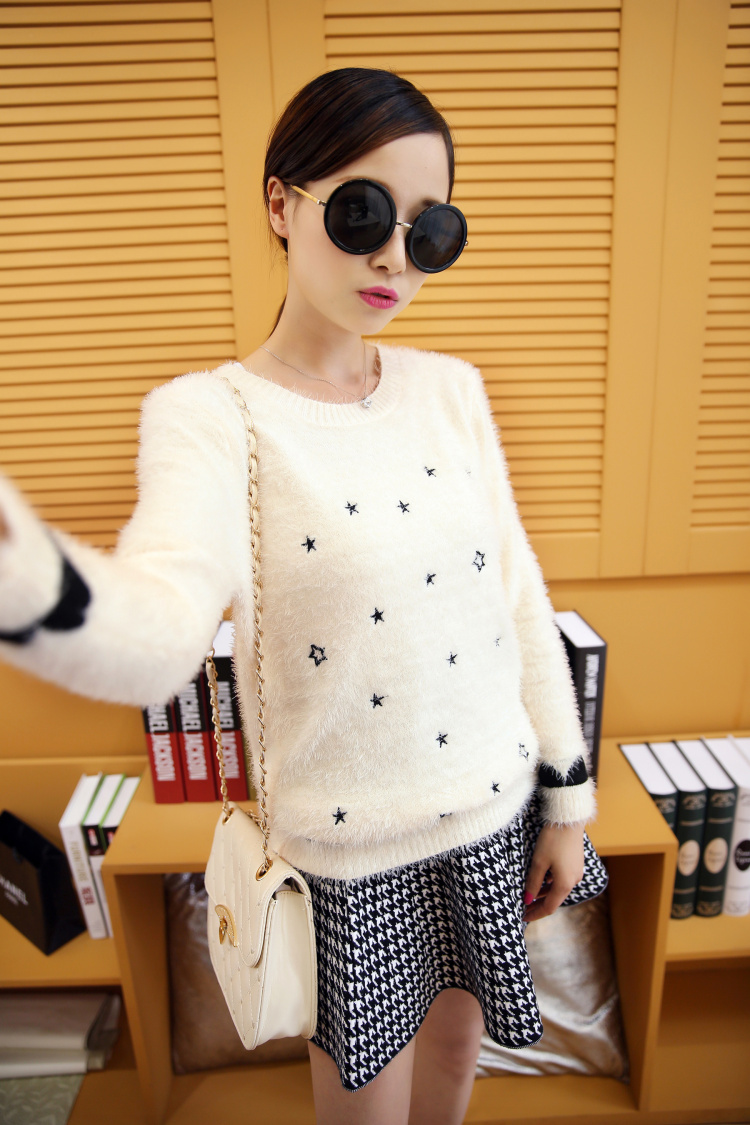 O Neck Long Sleeve Star Print Loose Knit Sweater Pullovers On Luulla